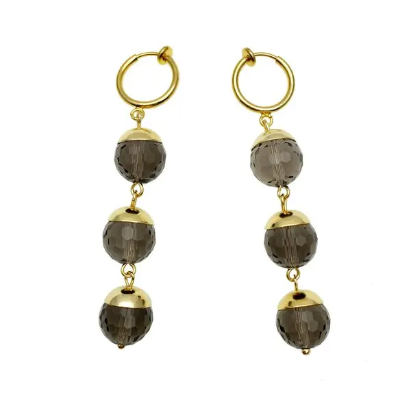 FARRA Smoky Quartz Clip-on Hoop Earrings - Black