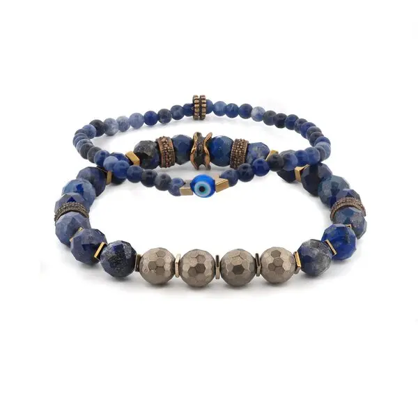 EBRU JEWELRY Lapis Lazuli And Evil Eye Beaded Bracelet Set - Gold/blue