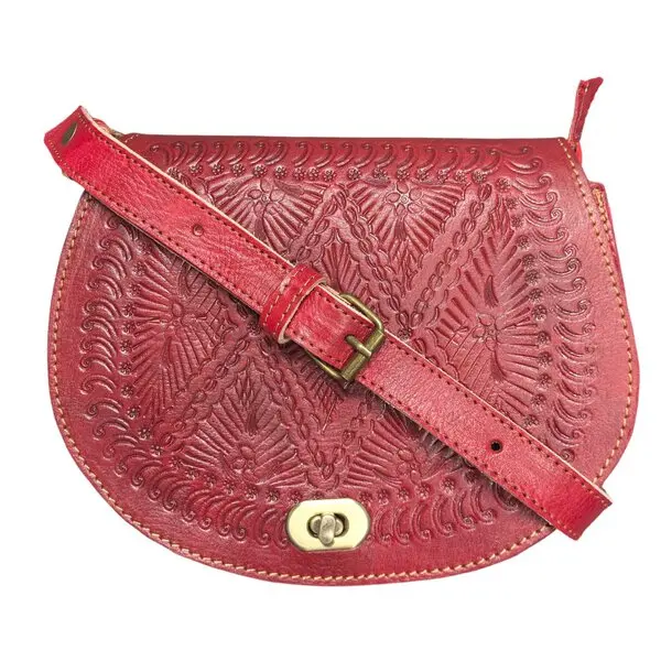 BERBER LEATHER The Temara Embossed Saddle Bag - Red