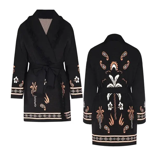 Loveist Store Jacquard Boho Wrap Cardigan - Black