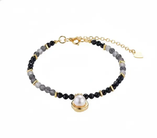 ANGEL BAROCCO Natural Stone Bracelet With Pearl Pendant - Black