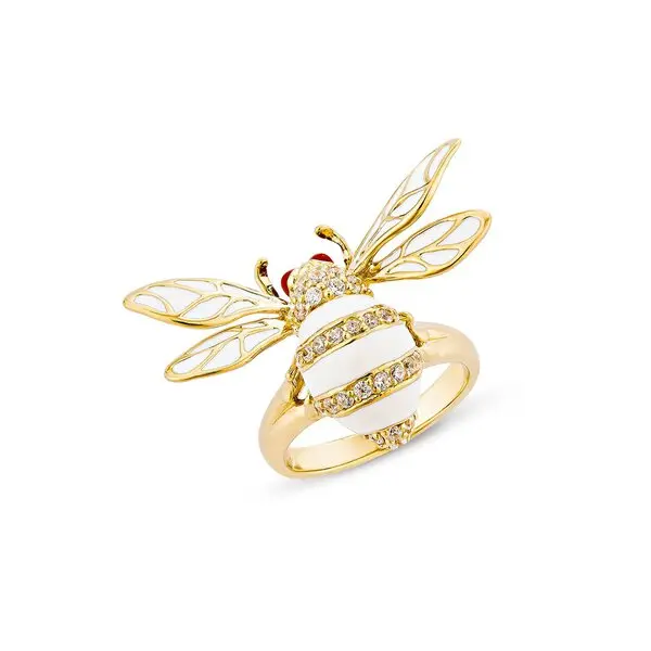 SALLY SKOUFIS White Enamel & Cz Diamond Stimulant Bee Ring In 18k Gold Vermeil - White/gold