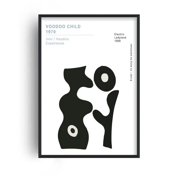 FANCLUB White / Black Voodoo Child Jimi Hendrix Abstract Inspired Giclée A3 Art Print - White/black