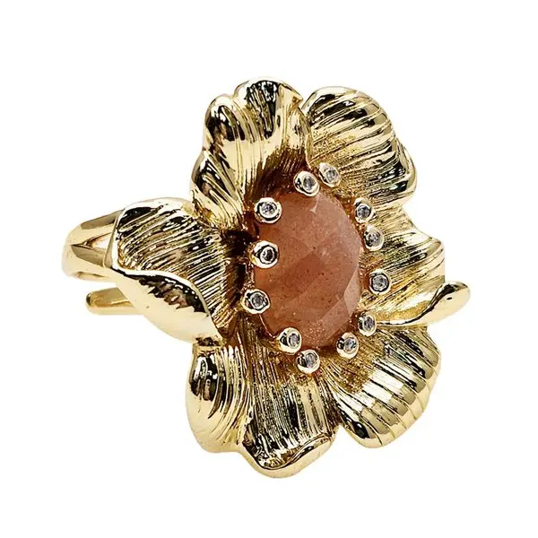 FARRA Flower And Moonstone Cocktail Ring - Orange