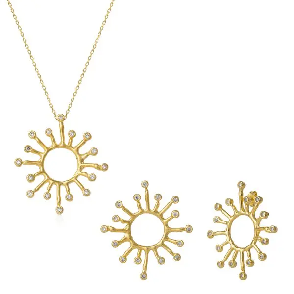 SPERO LONDON Sunburst Textured Earring And Necklace Set - Silver