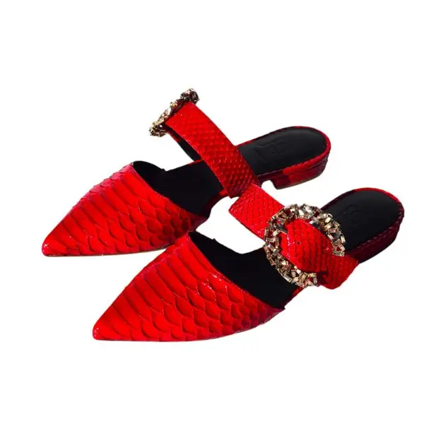 AETHRA SHOES Adel Leather Crystal Buckle Mule Flats