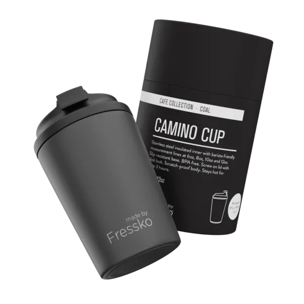 FRESSKO Camino 12oz / 340ml Reusable Coffee Cup, Stainless Steel Coal - Black
