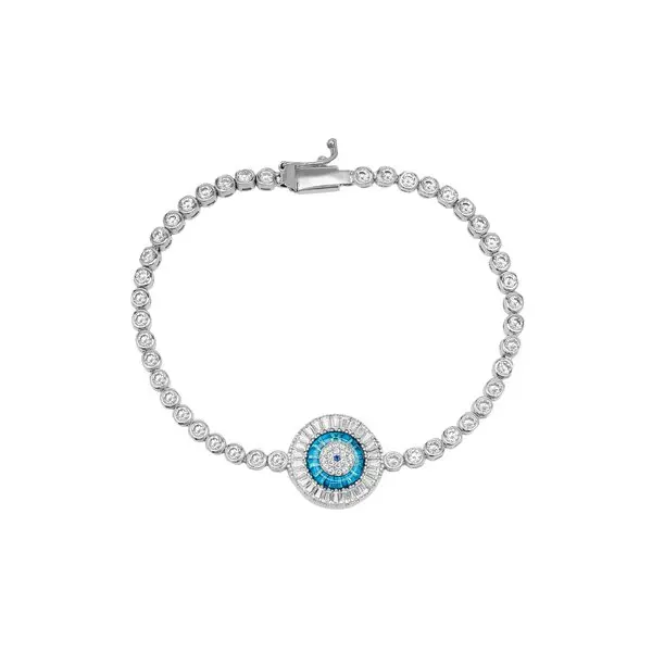 SPERO LONDON Round Bezel Evil Eye Tennis Bracelet - Silver