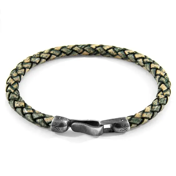 ANCHOR & CREW Braided Leather Bracelet With Sterling Silver Clasp - Green