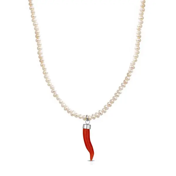 UNALOE Baroque Pearl Necklace With Coral Cornicello Charm - Silver/white/red