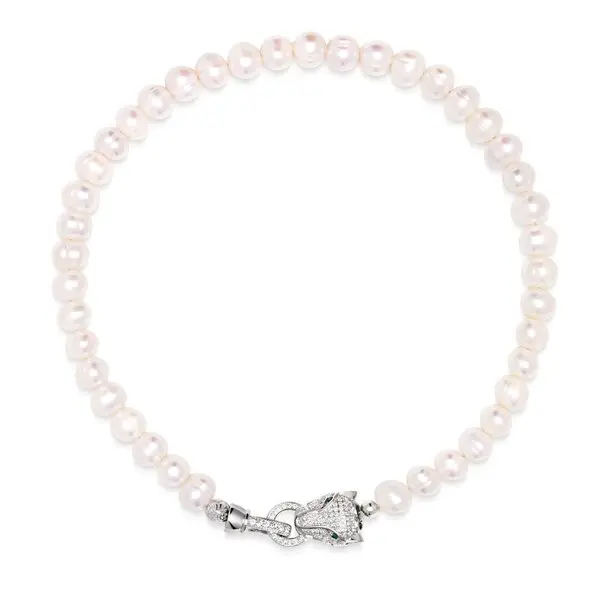 NIALAYA JEWELRY Pearl Choker With Panther Head - Silver