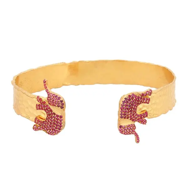 EBRU JEWELRY Guardian Ruby Elephant Cuff Bracelet - Gold/pink