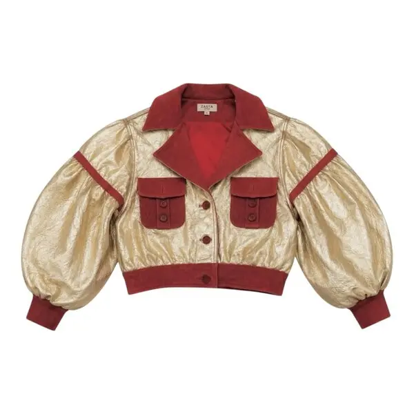 ZASTASTUDIO Gold & Red Leather Cropped Bomber Jacket