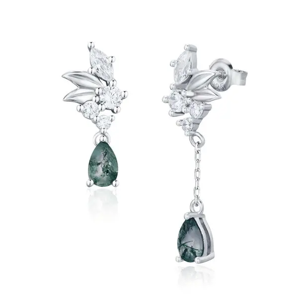AZURA JEWELRY NEW YORK Blair Green Moss Agate White Gold Vermeil Earrings - Silver