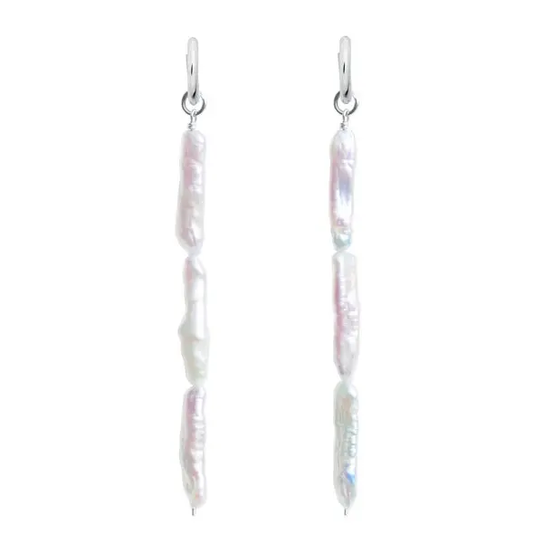 ORA PEARLS Linea Stick Pearl Hoop Earrings - Silver