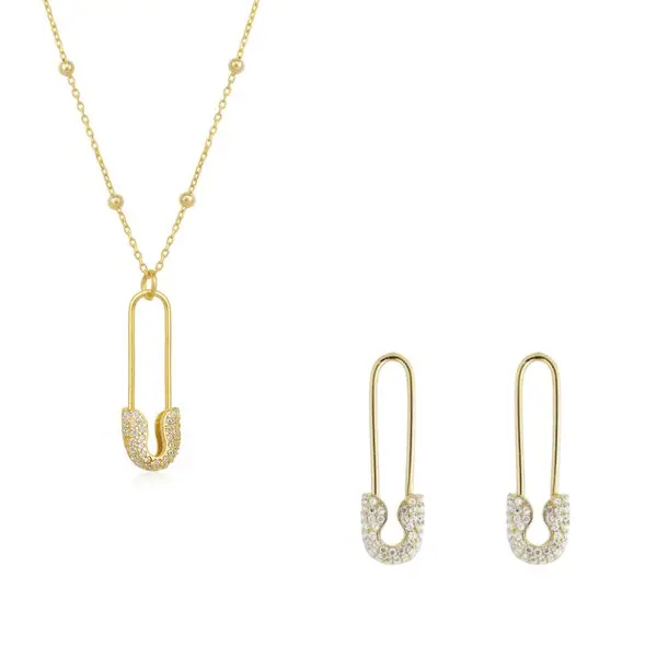 SPERO LONDON Sterling Silver Jewelled Safety Pin Necklace And Earring Set - Gold