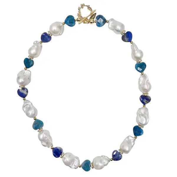 FARRA Baroque Pearl Necklace With Lapis Lazuli And Apatite - Blue
