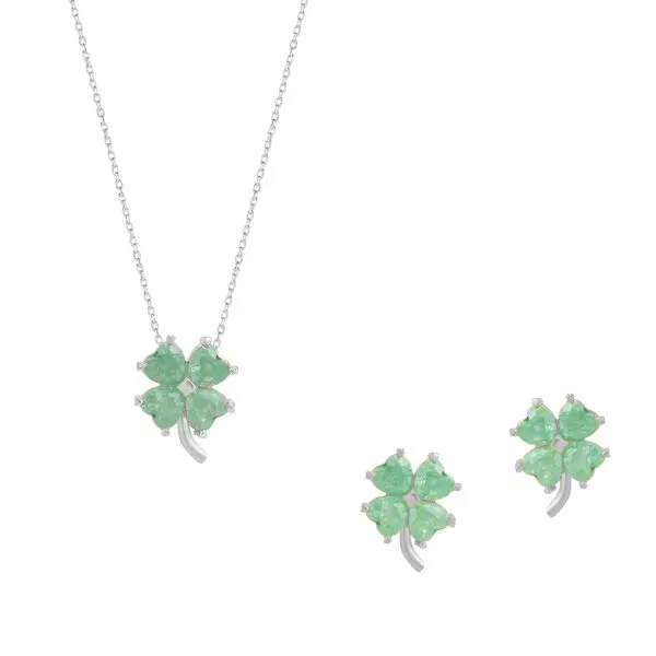 SPERO LONDON Four Leaf Clover Sterling Silver Earring And Necklace Set - Silver/green