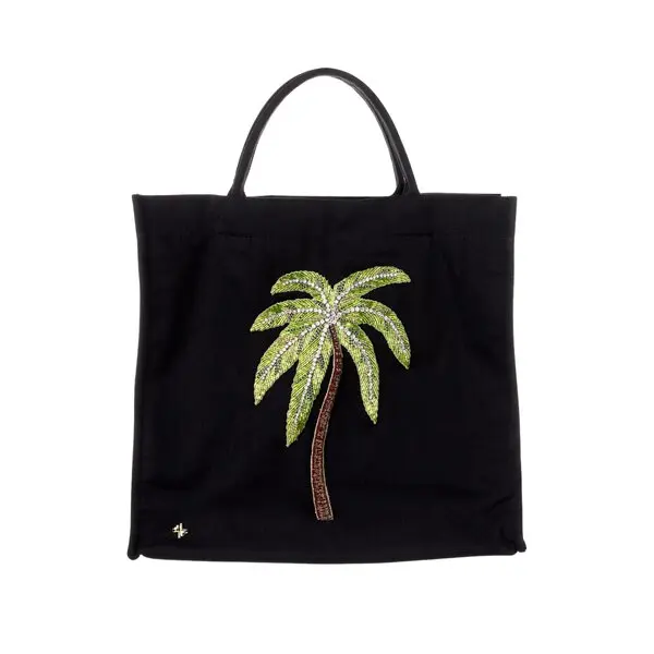LAINES LONDON Couture Hand Embellished Coconut Palm Tree Tote Bag - Black