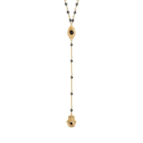 KARMA AND LUCK Gold Plated Rosary Lariat Necklace - Grey/gold