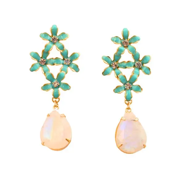 THE PINK REEF Floral Drop Earrings With Moonstone - Green