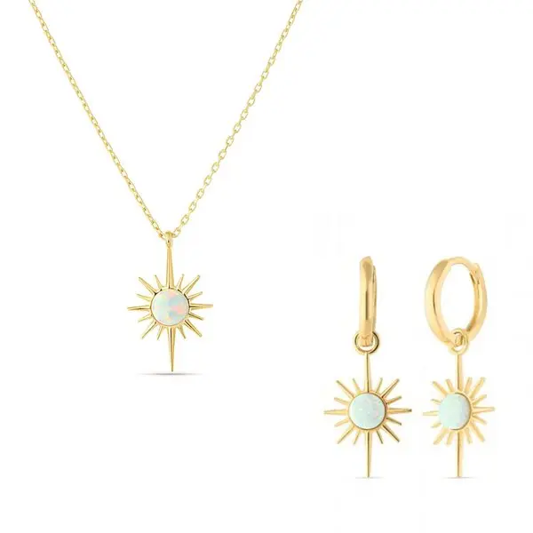 SPERO LONDON White Opal Northernstar Sterling Silver Pendant Necklace And Earring Set - Gold