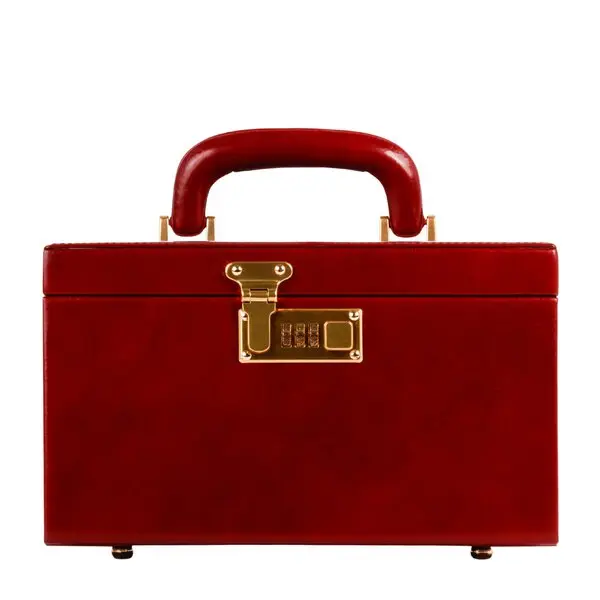 TIME RESISTANCE Large Leather Jewelry Box With Handle - Red
