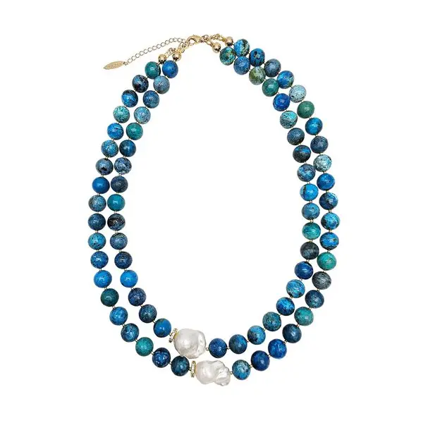 FARRA Opal And Baroque Pearl Double Layer Necklace - Blue