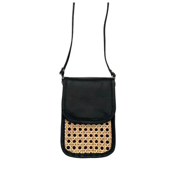 Pink Haley Rattan And Leather Clutch Crossbody - Black