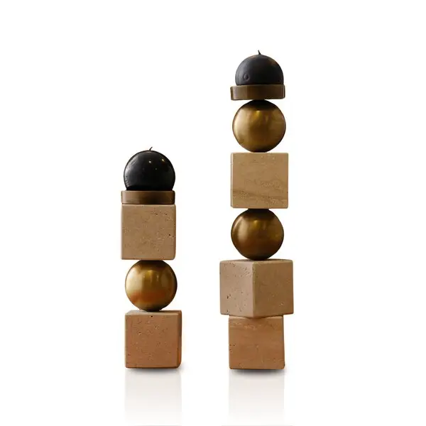 BELS & PEARL Neutrals / Black / Brown Set Of Two Travertine Candle Holders With Brass Detail - Black/brown