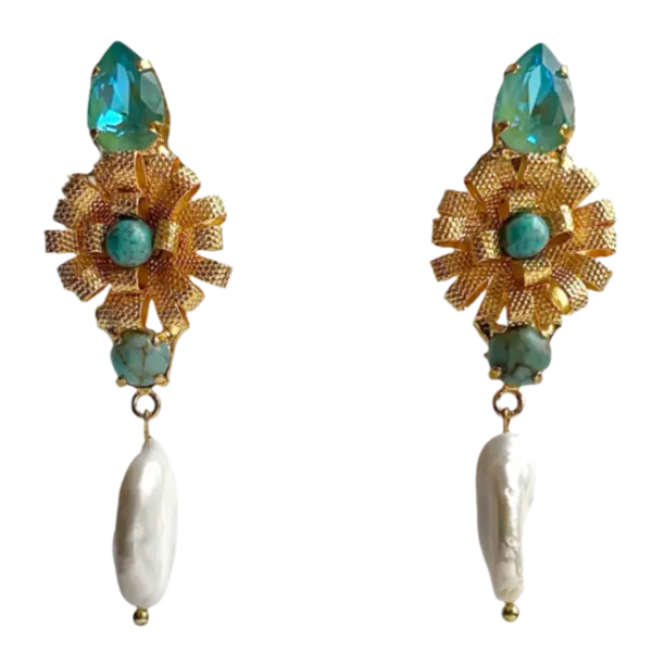 LAURA GRAY Turquoise Flower Baroque Pearl Drop Earrings - Blue