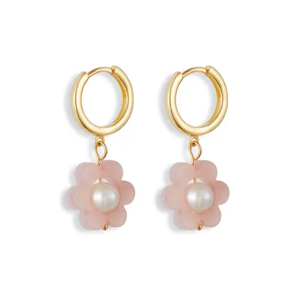 TOOLALLY Flower Pearl Huggie Earrings - Pink/gold