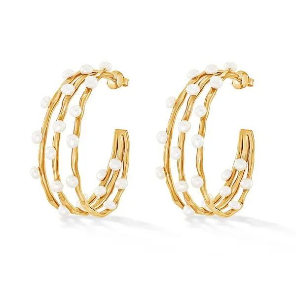 DOWER & HALL 18ct Yellow Vermeil Triple Row Pearl Hoop Earrings - Gold