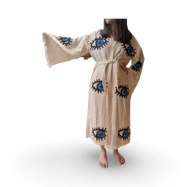 CASA DUNIYA Awali Hand-stamped Cotton Kimono With Evil Eye Print - White