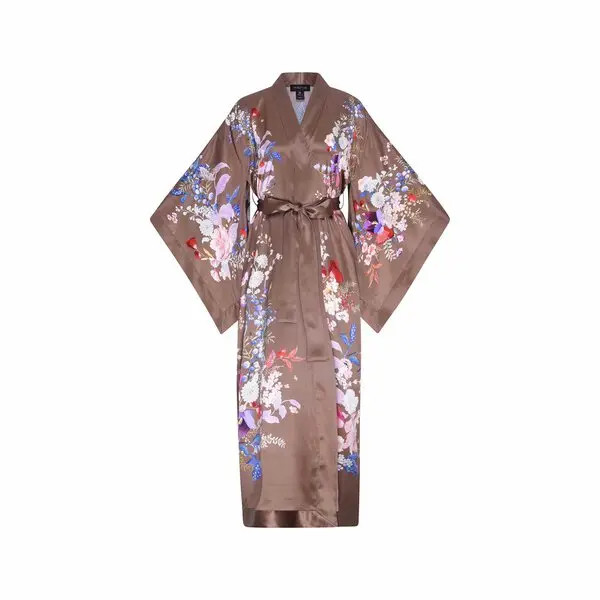 MENG Chocolate Watercolour Flowers Silk Satin Kimono - Brown
