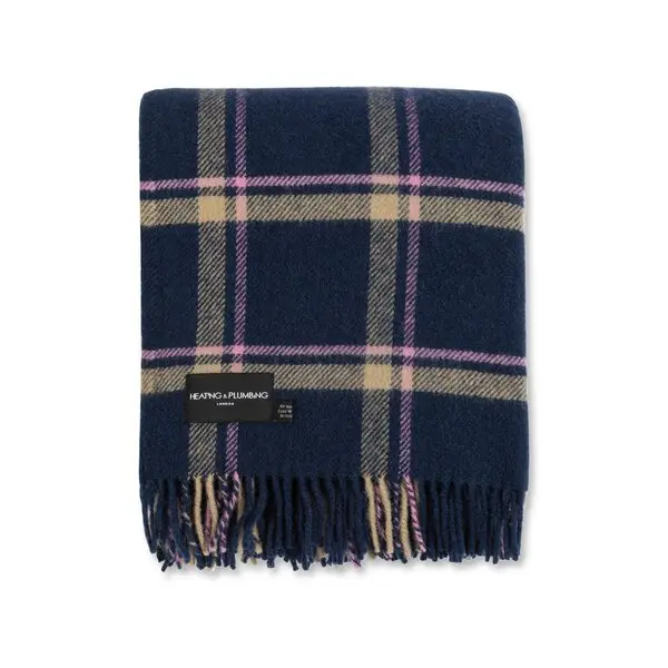 HEATING & PLUMBING LONDON Evening Tales Pure New Wool Blanket Checkmate Navy - Blue