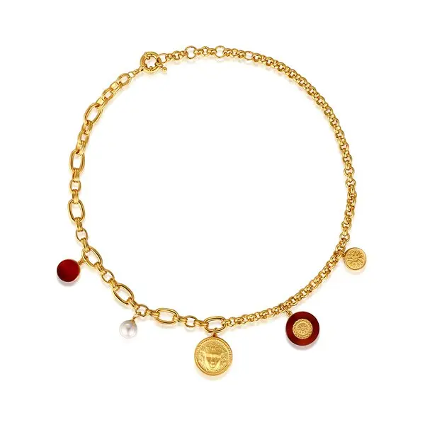 RETRO CHIC Gold Plated Brass Necklace With Resin And Mother Of Pearl - Brown/gold/white
