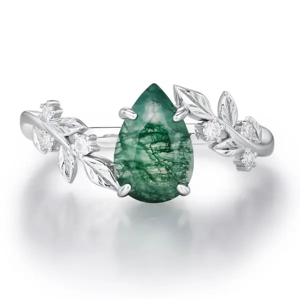 AZURA JEWELRY NEW YORK Moss Agate Ring In White Gold Vermeil - Silver/green