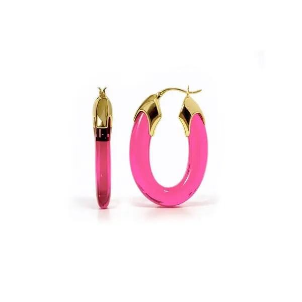GOLD & HONEY Pink Tourmaline Carved Oval Lucite Hoop Earrings - Pink/gold