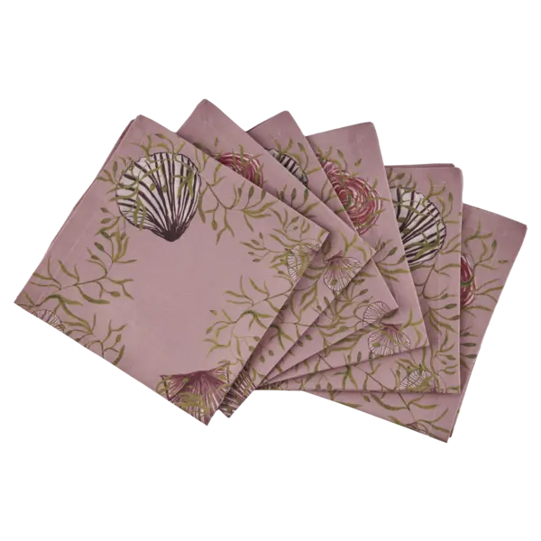 SOPHIE WILLIAMSON DESIGN Pink / Green Set Of Six Napkins With Shells And Seaweed Print On Dusty Pink - Pink/green