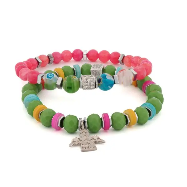 EBRU JEWELRY Beaded Bracelet Set With Sterling Silver Charm - Green/pink/silver