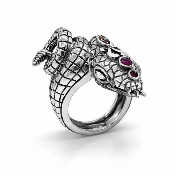 UNALOE Sterling Silver Snake Ring With Rubies - Silver/red