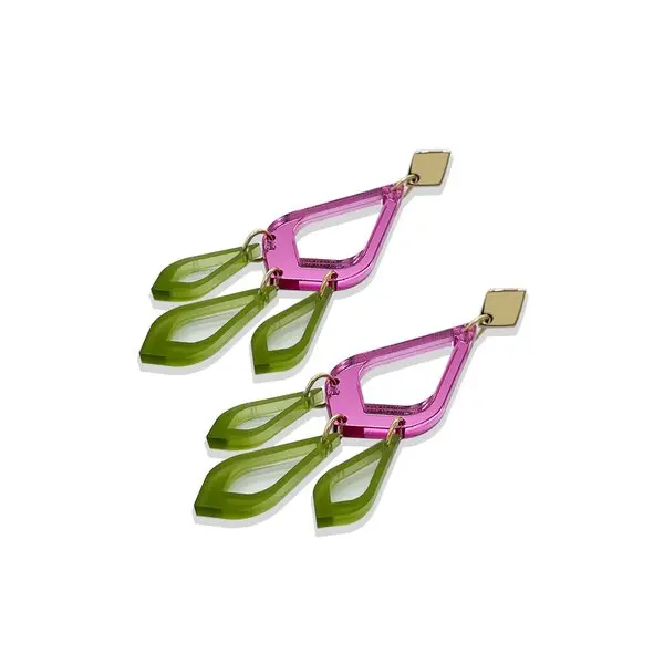 TOOLALLY Feather Drop Earrings - Pink/green