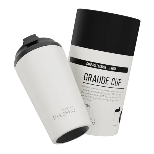 Fressko Grande 475ml/16oz Reusable Coffee Cup, Stainless Steel Frost - White