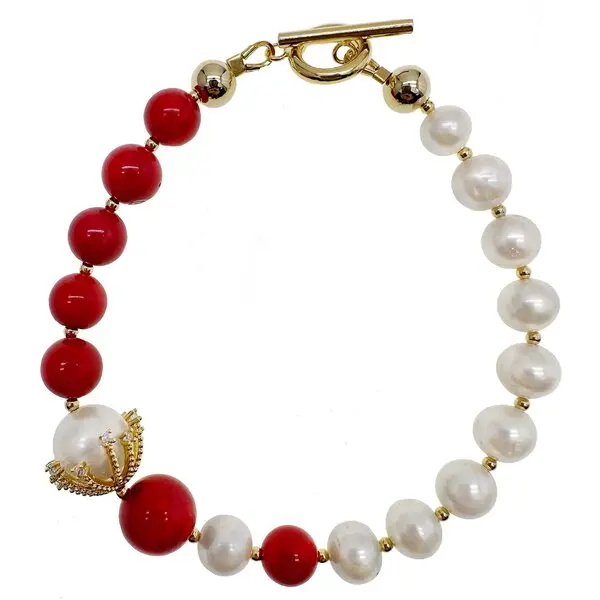 FARRA Bamboo And Freshwater Pearls Bracelet - Red
