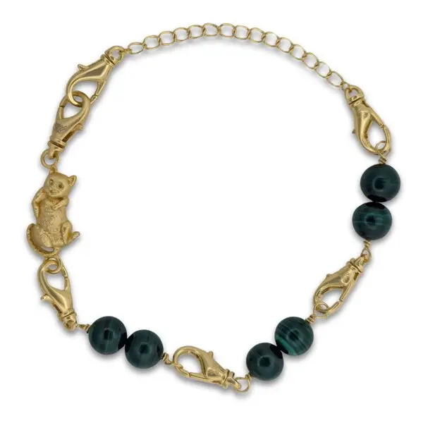 FRENVYRN Gold Plated Cat Charm Malachite Bracelet Bag Charm - Gold/green