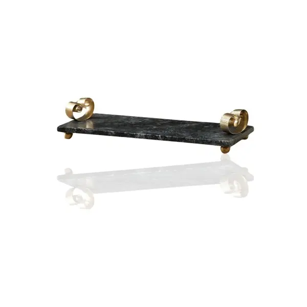 MARLETH Gold / Black Rectangular Black Marble Tray With Sculptural Gold Scroll Handles