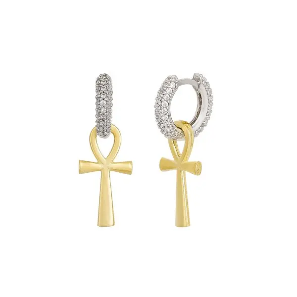 SPERO LONDON Sterling Silver Egyptian Ankh Zirconia Hoop Earrings - Gold/silver