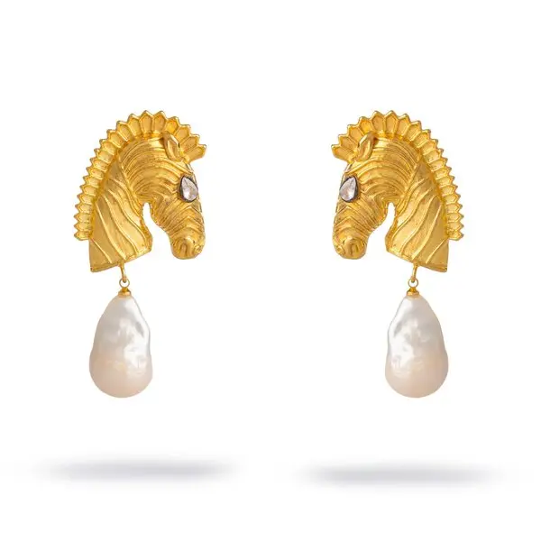 EBRU JEWELRY Horse & Baroque Pearl Statement Earrings - Gold/white