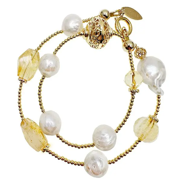 FARRA Citrine And Freshwater Pearls Double Wrapped Bracelet - White/yellow